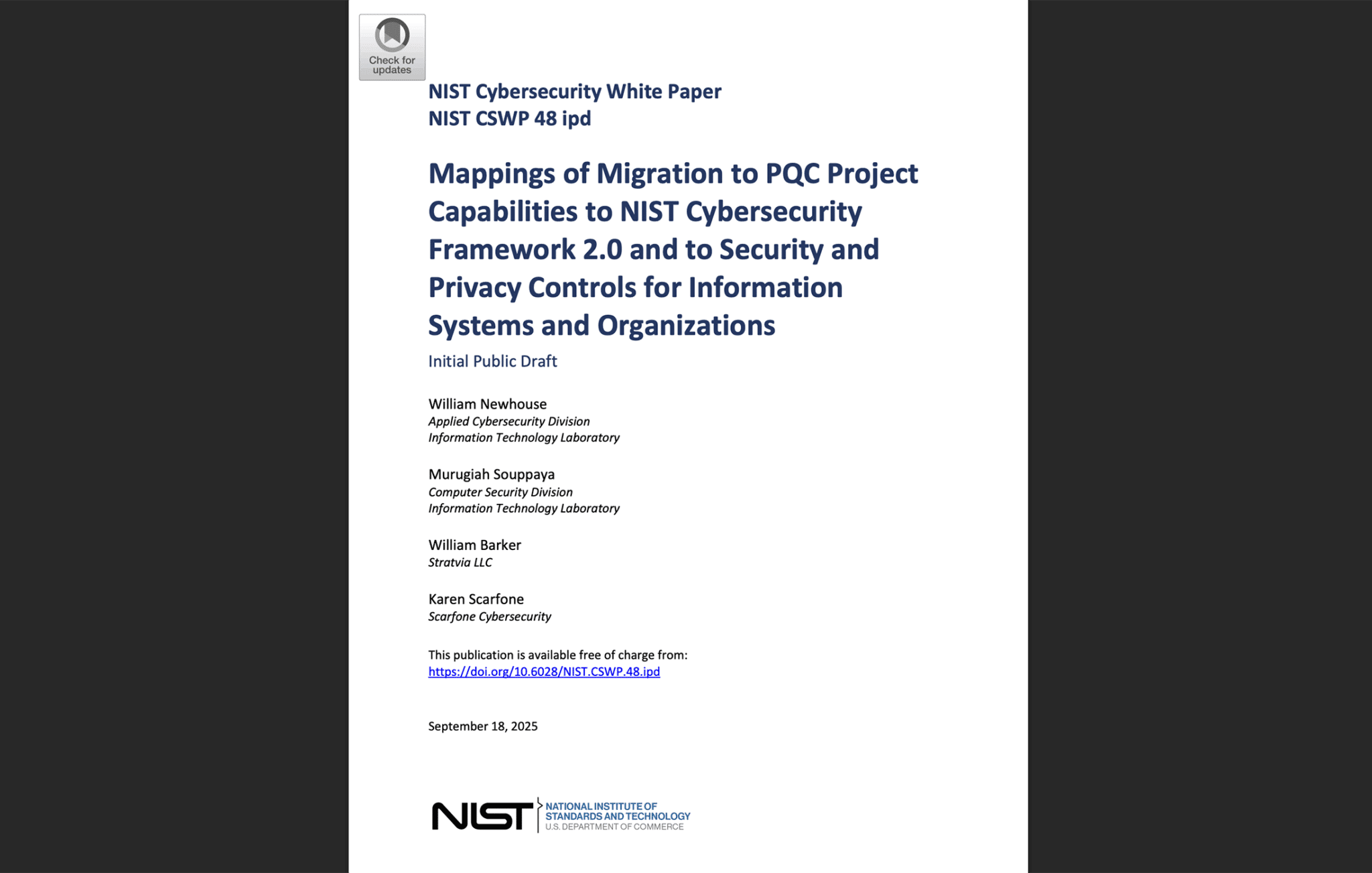 NIST Releases NIST CSWP 48 IPD - Mapping of Migration to PQC Project to NIST CSF 2.0